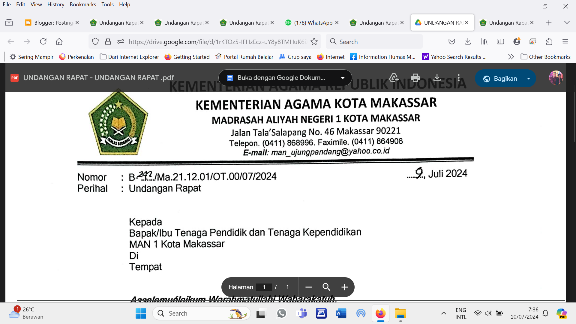 Undangan Rapat Pembagian Tugas Tahun Pelajaran 2024 - 2025 || Portal MAN 1 Kota Makassar